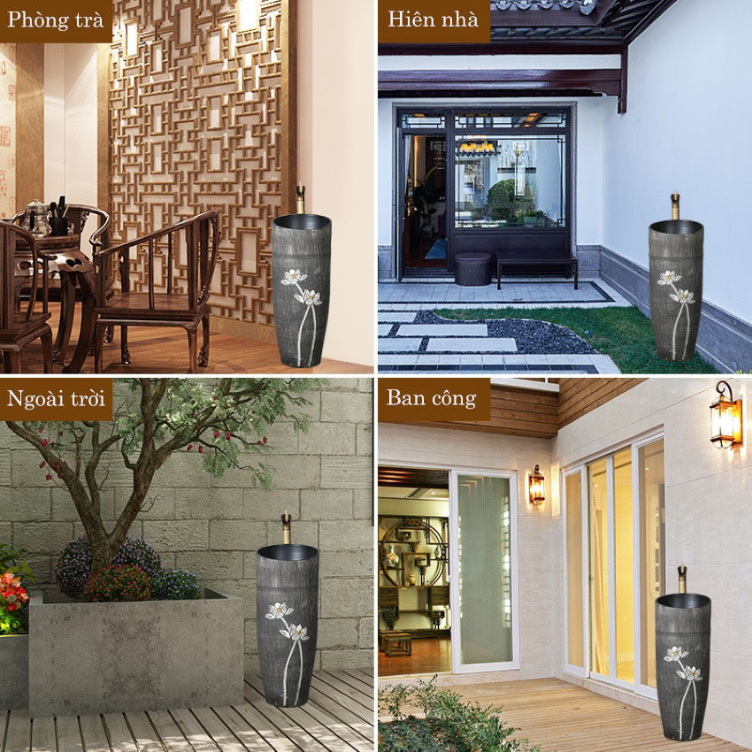 Lavabo sân vườn kiểu trụ đứng họa tiết hoa sen - hàng ngoại lệ